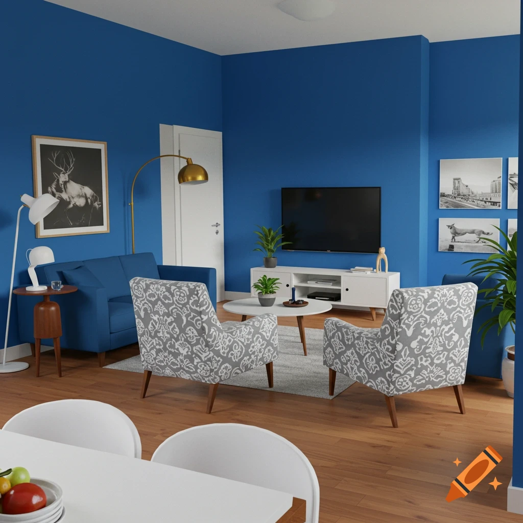 A modern living room with blue walls, blue sofa, two patterned ...