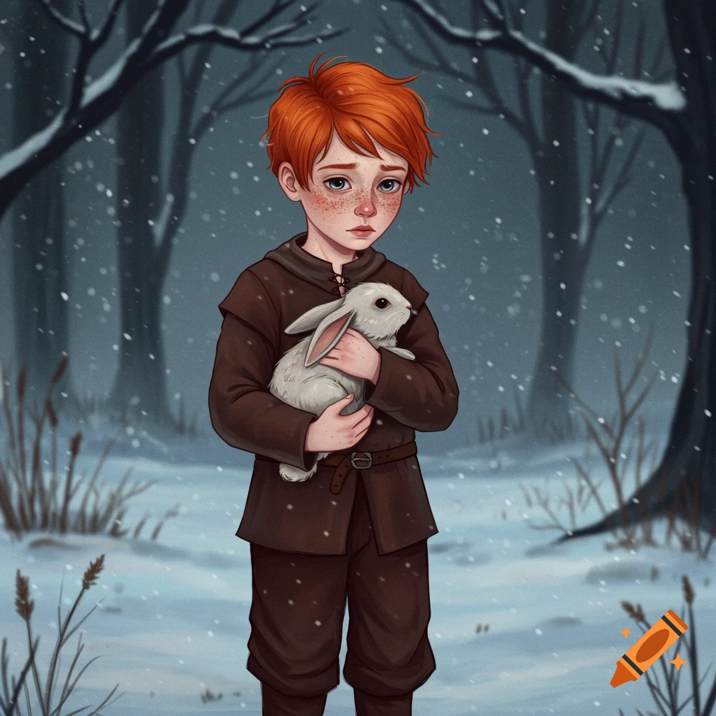 Medieval red-headed boy with a pet rabbit in winter on Craiyon