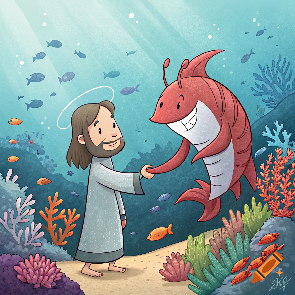 Cartoon illustration of Jesus shaking hands with a smiling red creature ...