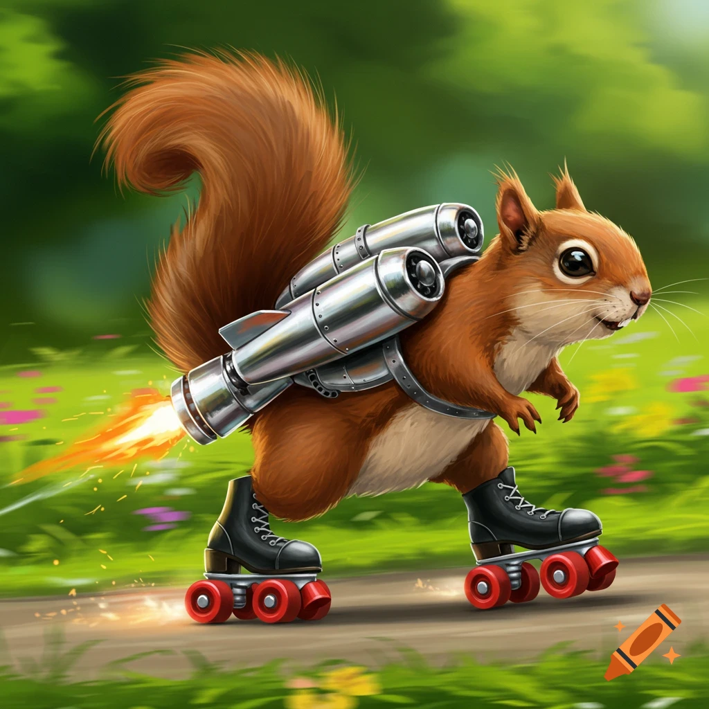Squirrel wearing a jet pack and on roller skates on Craiyon