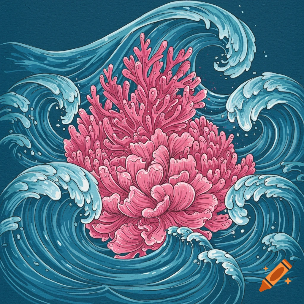 Central sea flower/coral bloom with ocean waves on Craiyon