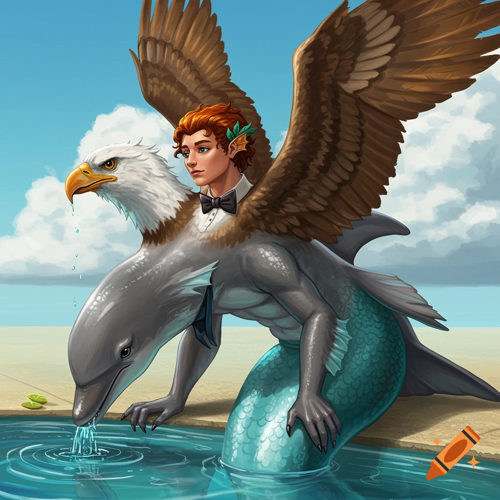 Half human dolphin eagle hybrid with bow tie on Craiyon