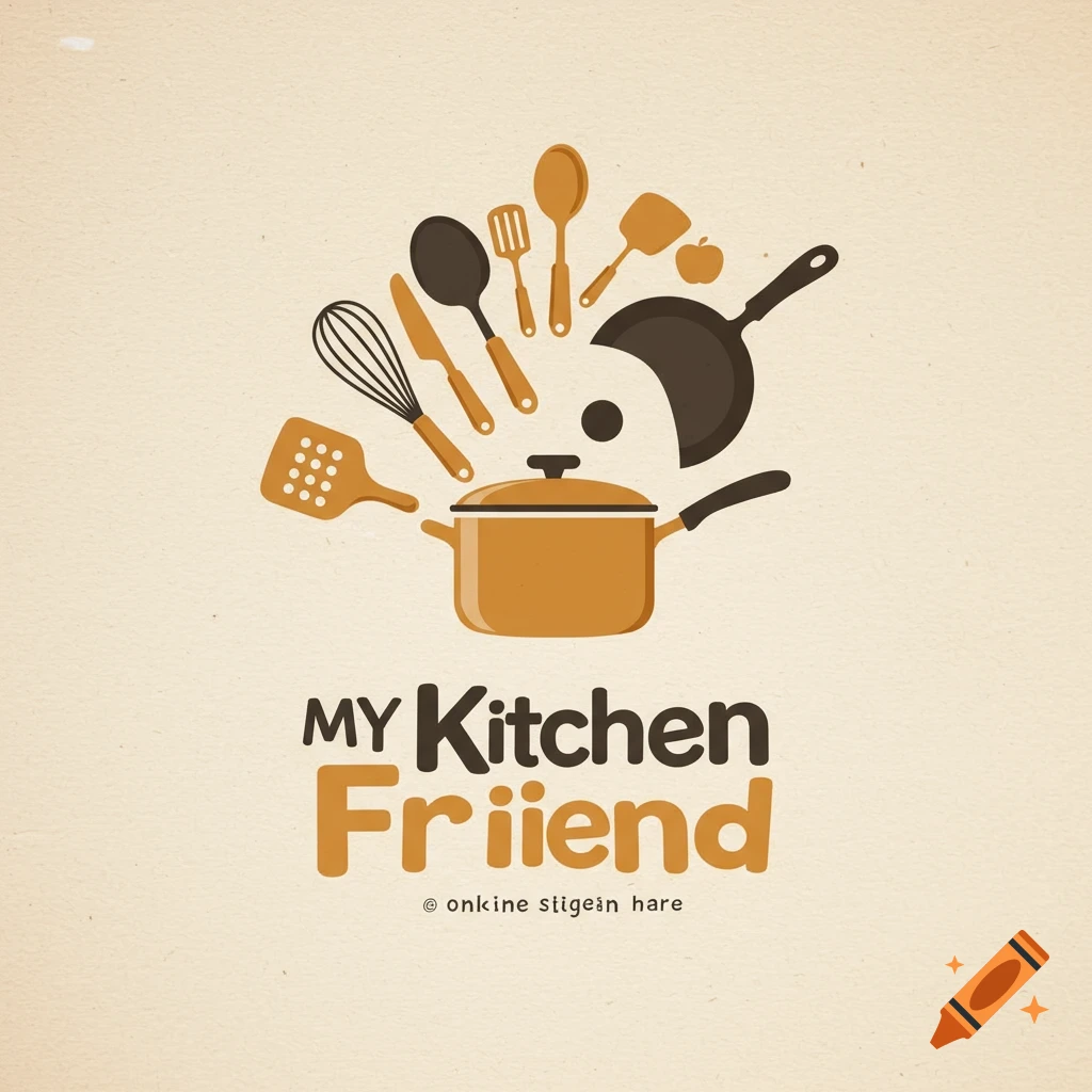 My Kitchen Friend logo with kitchenware forming a friendly face on Craiyon
