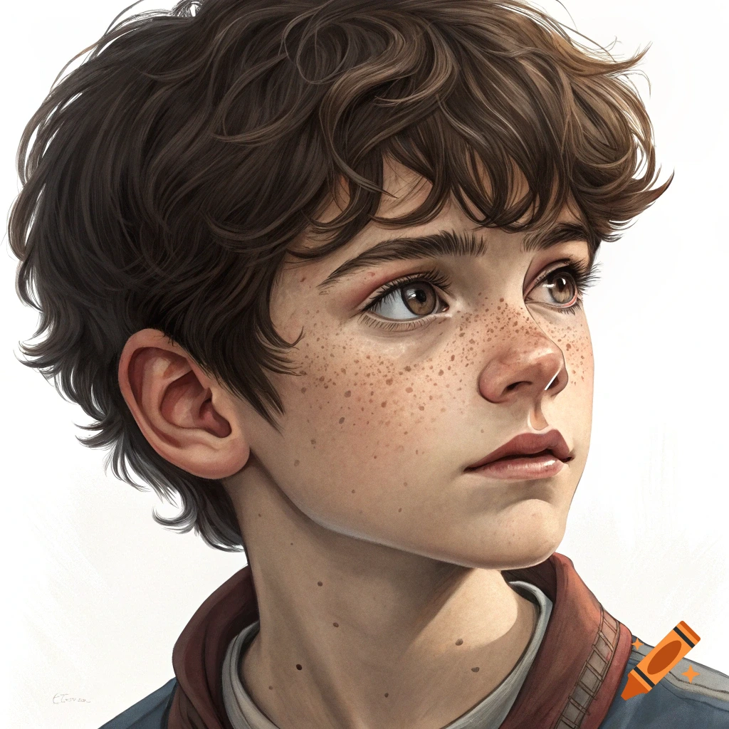 A boy with dark blond hair, deep brown eyes, freckles, and umber skin ...