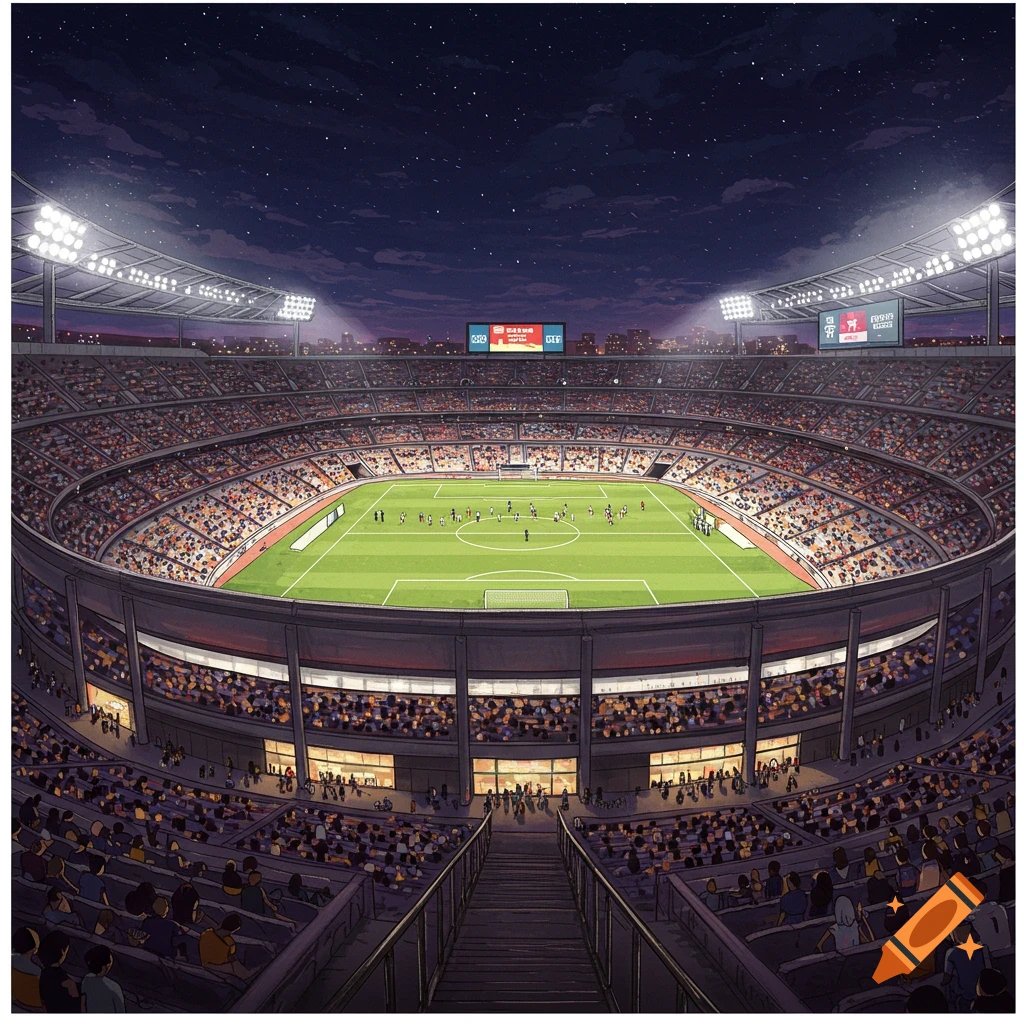A crowded soccer stadium at night, seen from high in the stands. on Craiyon