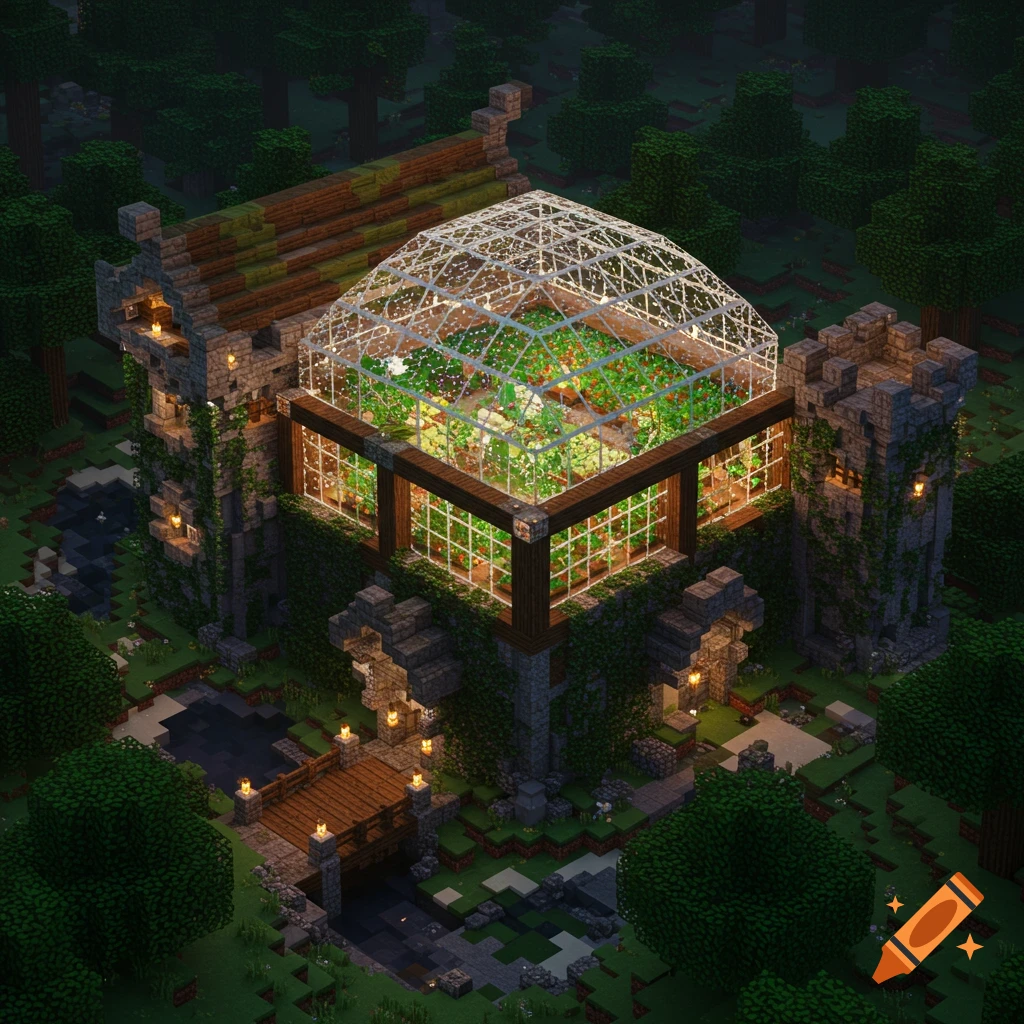 A large, detailed house built in a blocky, Minecraft style world under ...