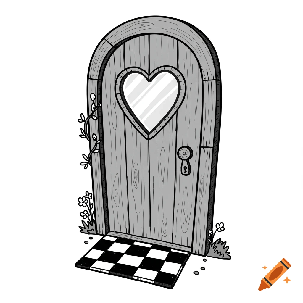Black and white cartoon illustration of a wooden door with a heart ...