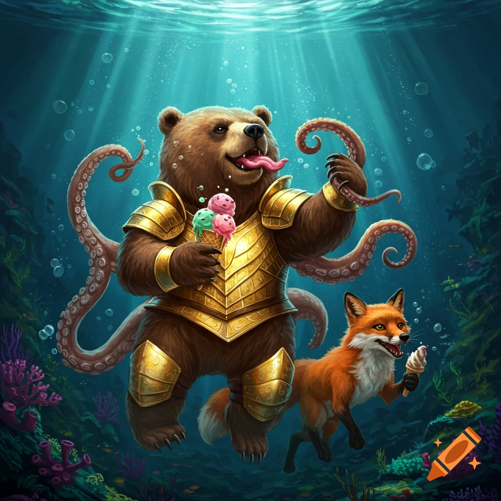 Octopus bear wearing armor eating ice cream with a fox in the ocean. on ...