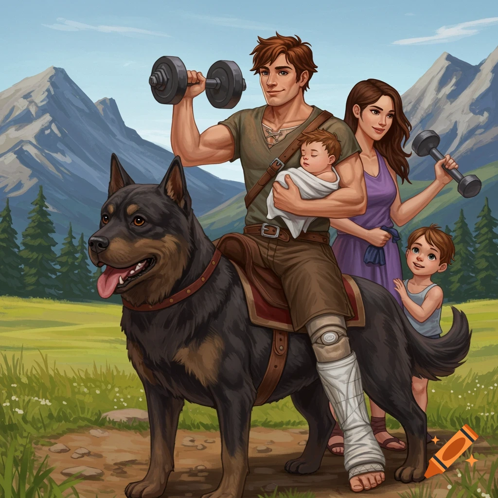 Man riding a dog, holding a baby and weight, with family and mountains ...