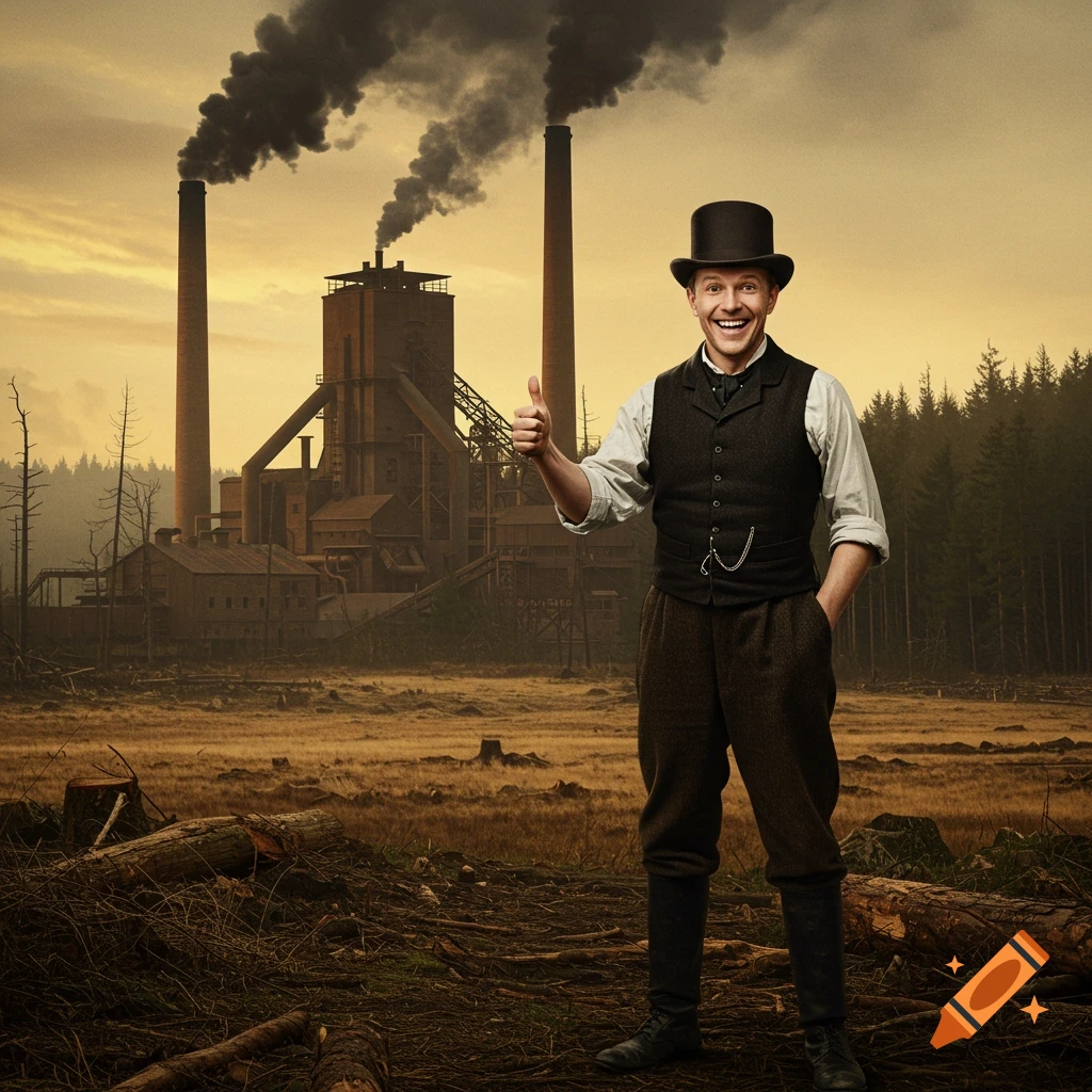 Man in industrial revolution clothing giving thumbs up in front of ...