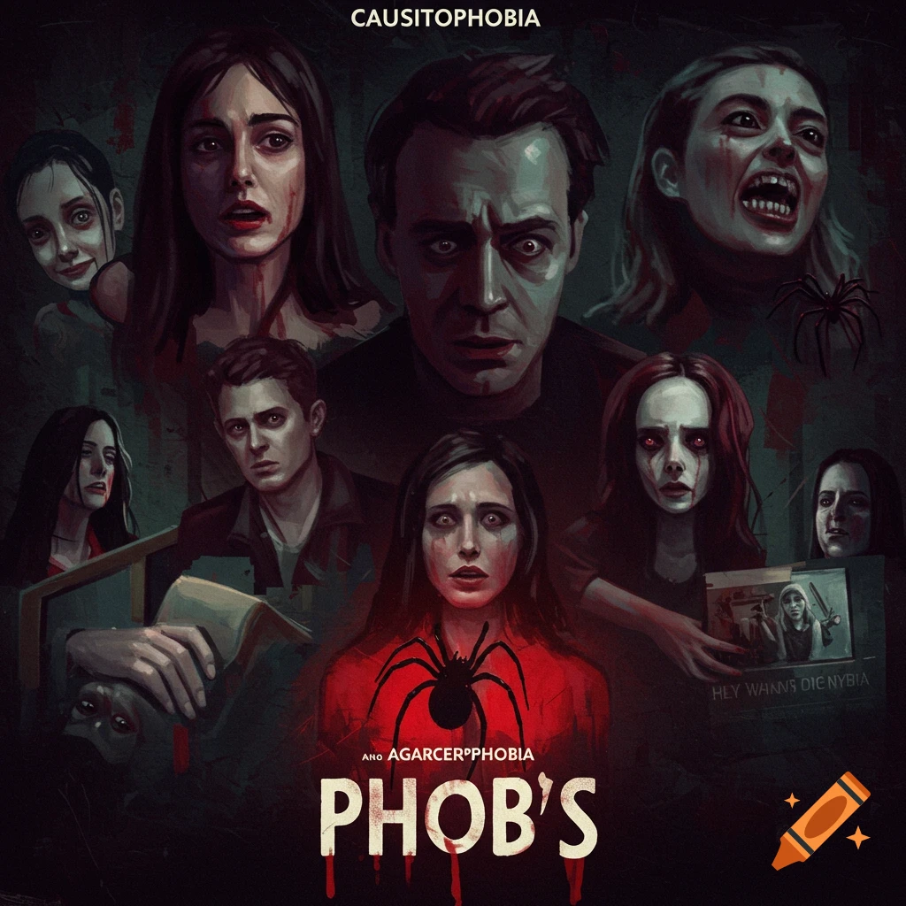 Horror movie poster with multiple scared faces, stylized blood, spiders ...