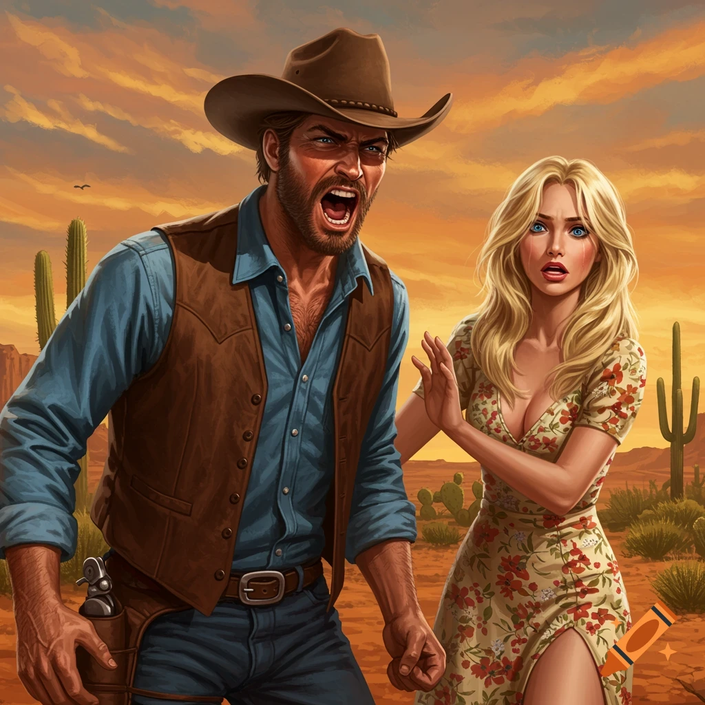 Handsome cowboy screaming at a blonde lady on Craiyon
