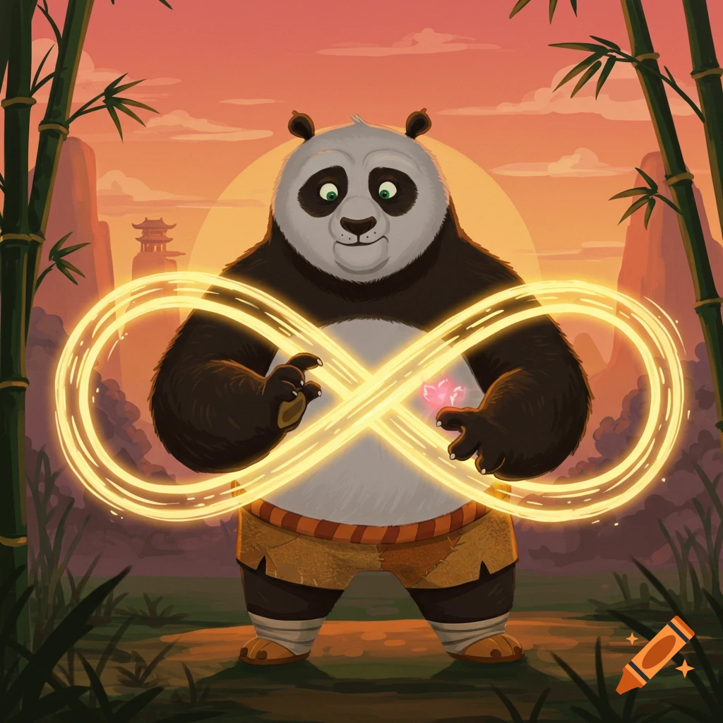 A cartoon panda holds a glowing infinity symbol in a bamboo forest at ...