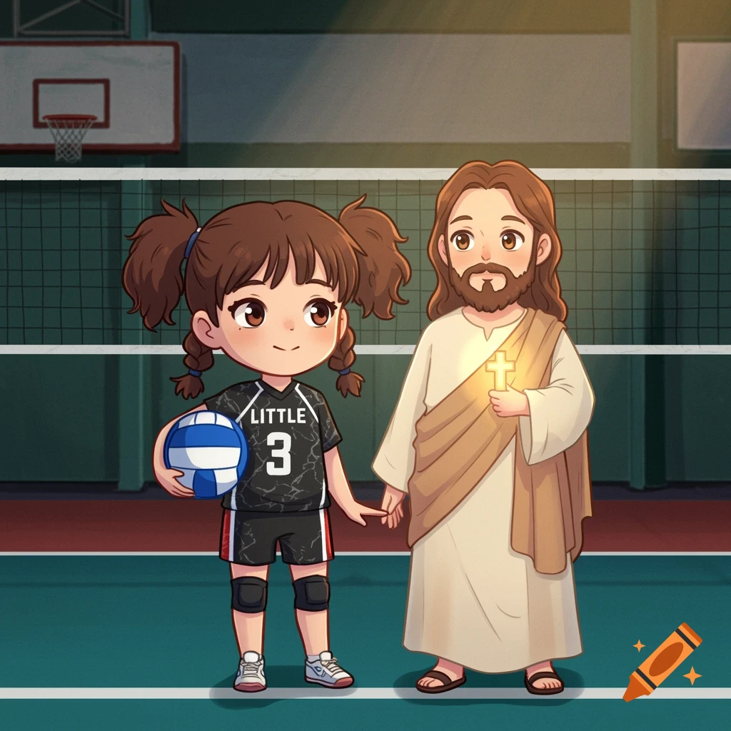 Chibi girl in volleyball uniform with ball stands with Jesus on a court ...