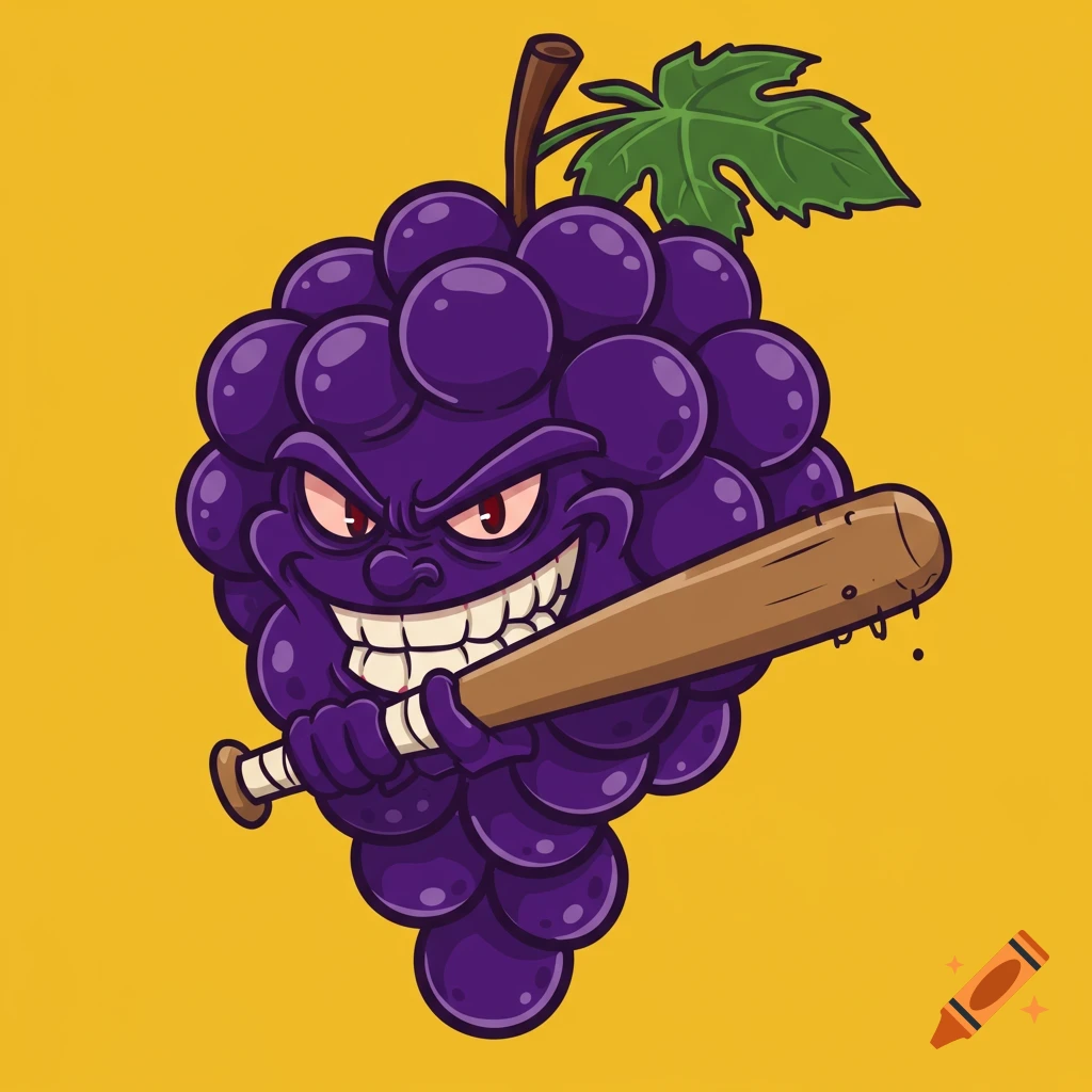 Cartoon grape head holding a baseball bat in teeth on Craiyon