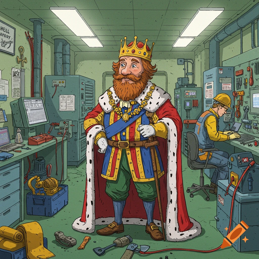 Illustration of a king in a crown and robe standing in a busy ...