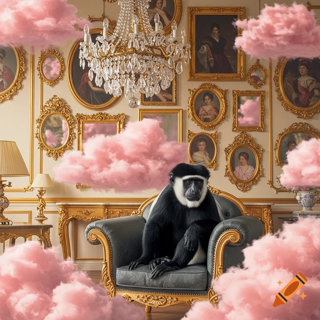 Black and white monkey in a regal room with gold frames and pink clouds ...