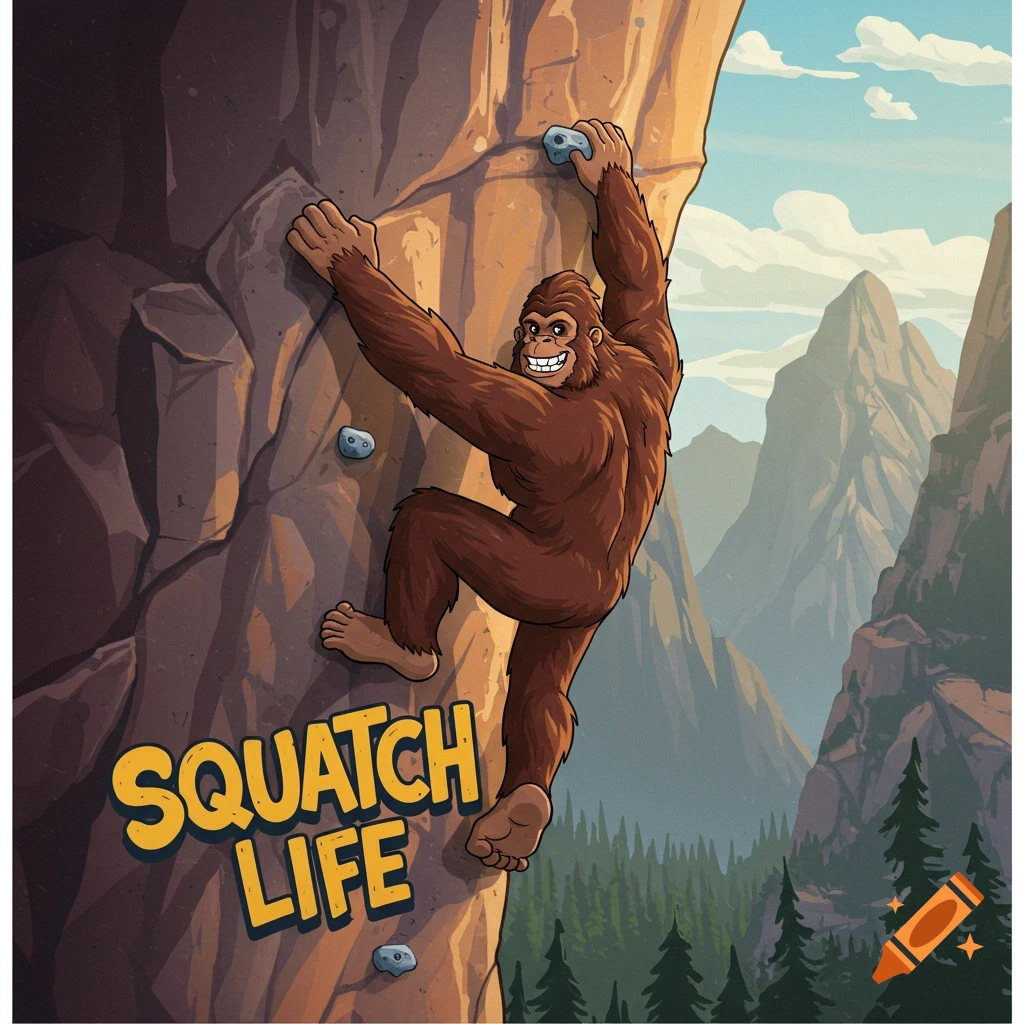 Stylized illustration of a rock climber ascending a steep mountain face ...