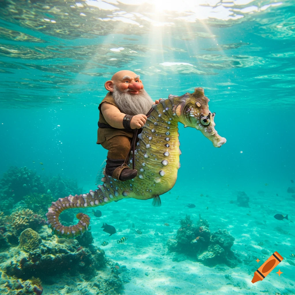 Photorealistic image of a fantasy dwarf riding a large seahorse ...