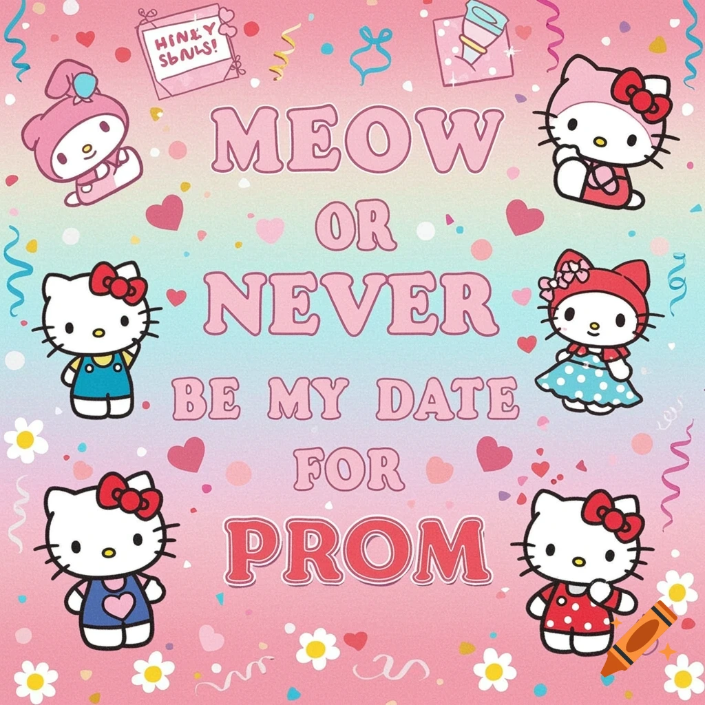 Hello Kitty themed prom proposal board with the phrase 'meow or never ...