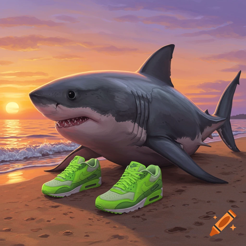 Shark wearing blue sneakers by the ocean on Craiyon