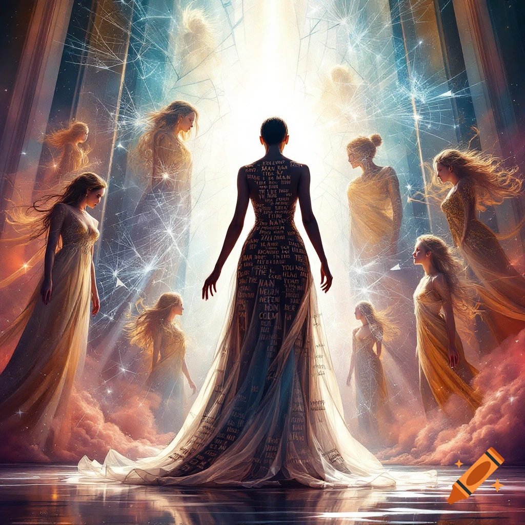 Popular celebrity on stage in gown with song lyrics, shattered glass ...