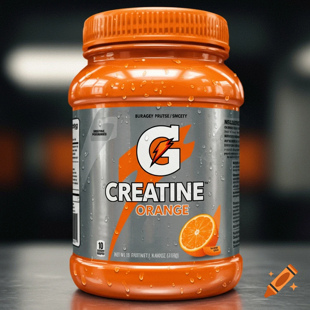 Orange-flavored Gatorade creatine tub on Craiyon