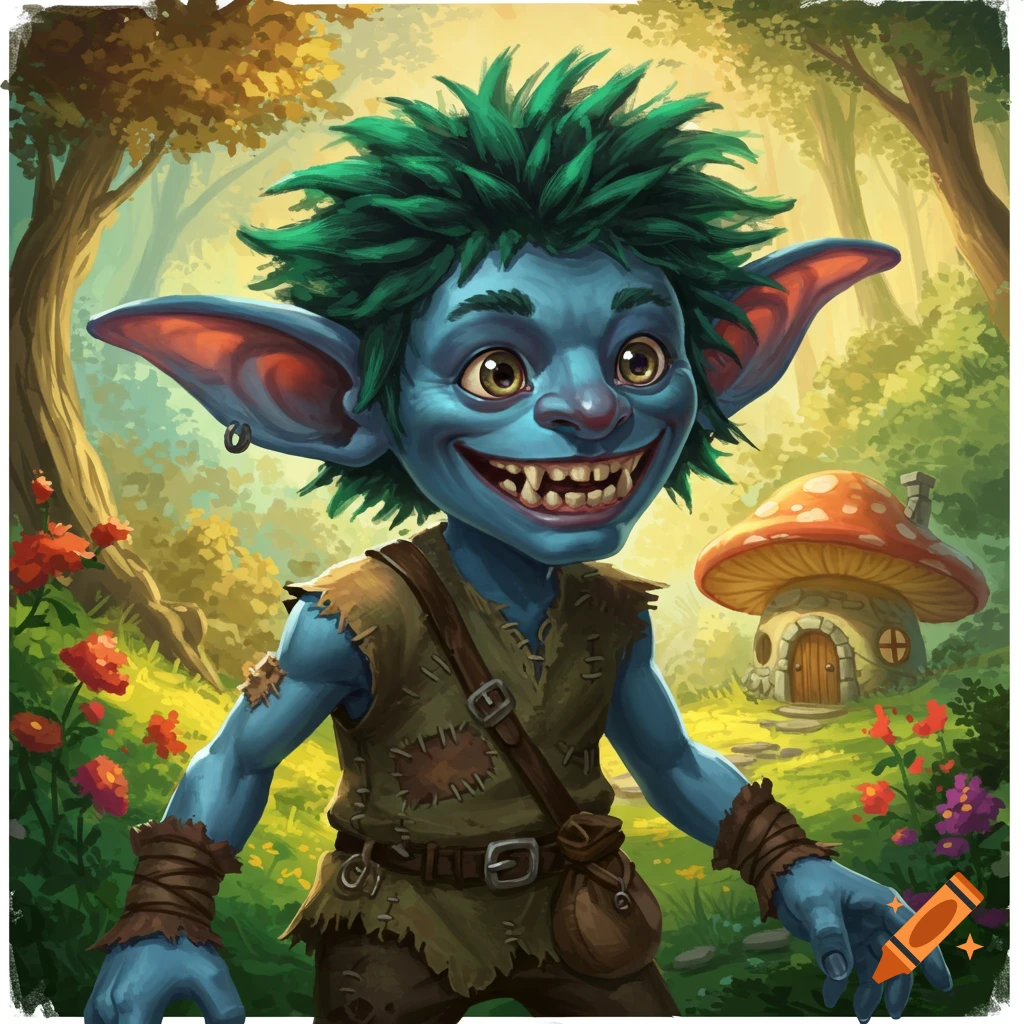 Green-skinned goblin with black hair in brown dress sitting and looking ...