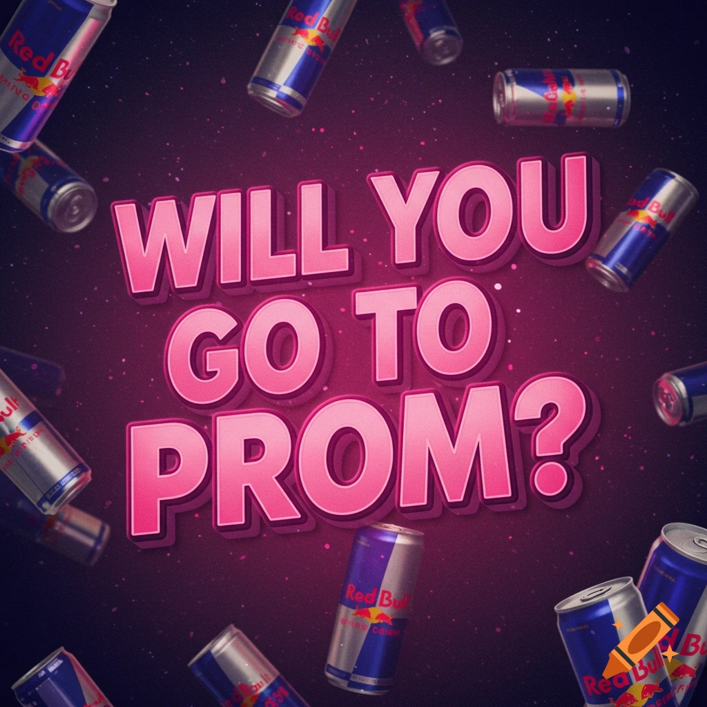 "Will you go to prom" block letters with Red Bull on Craiyon