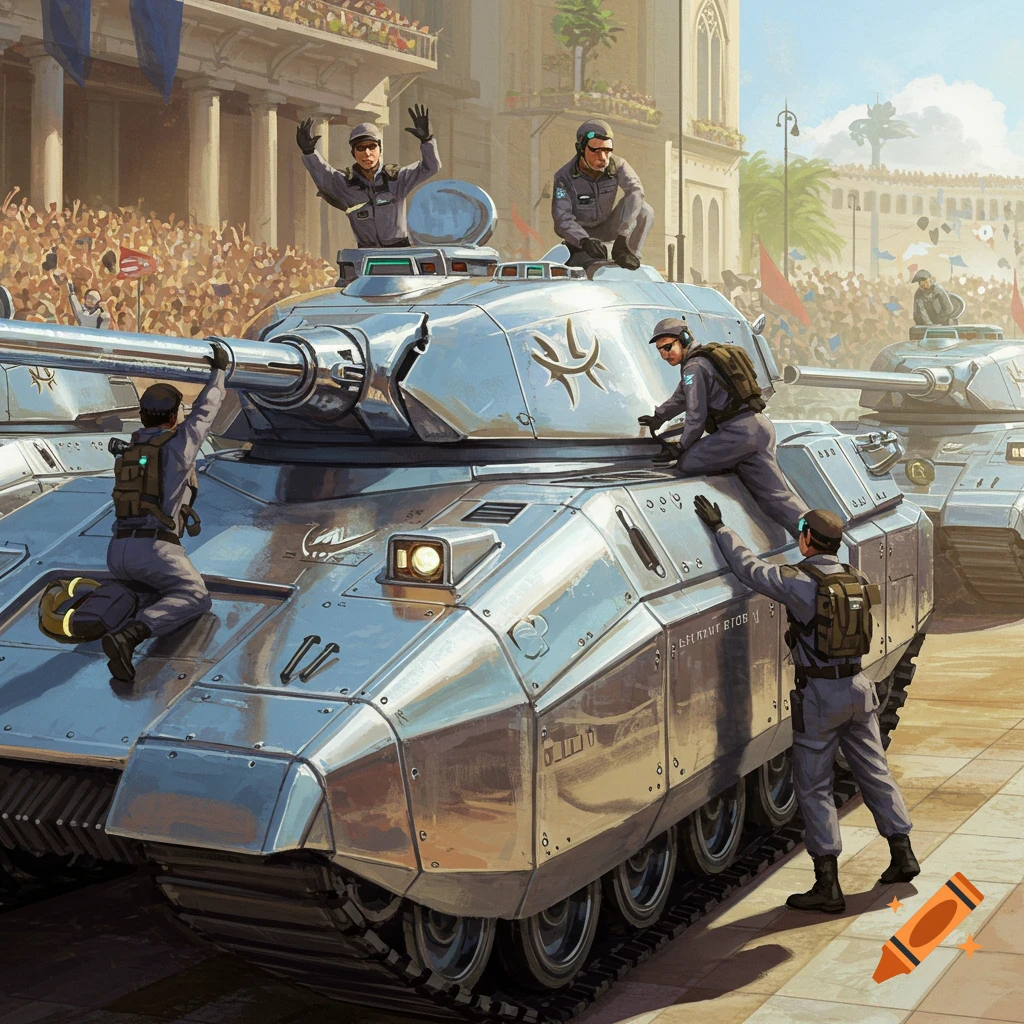 Sci-fi tanks in a military parade with mechanics. on Craiyon