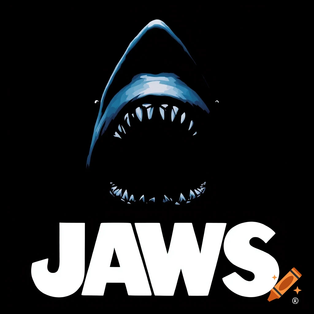 Graphic of a shark's open mouth with the word JAWS in white letters on ...