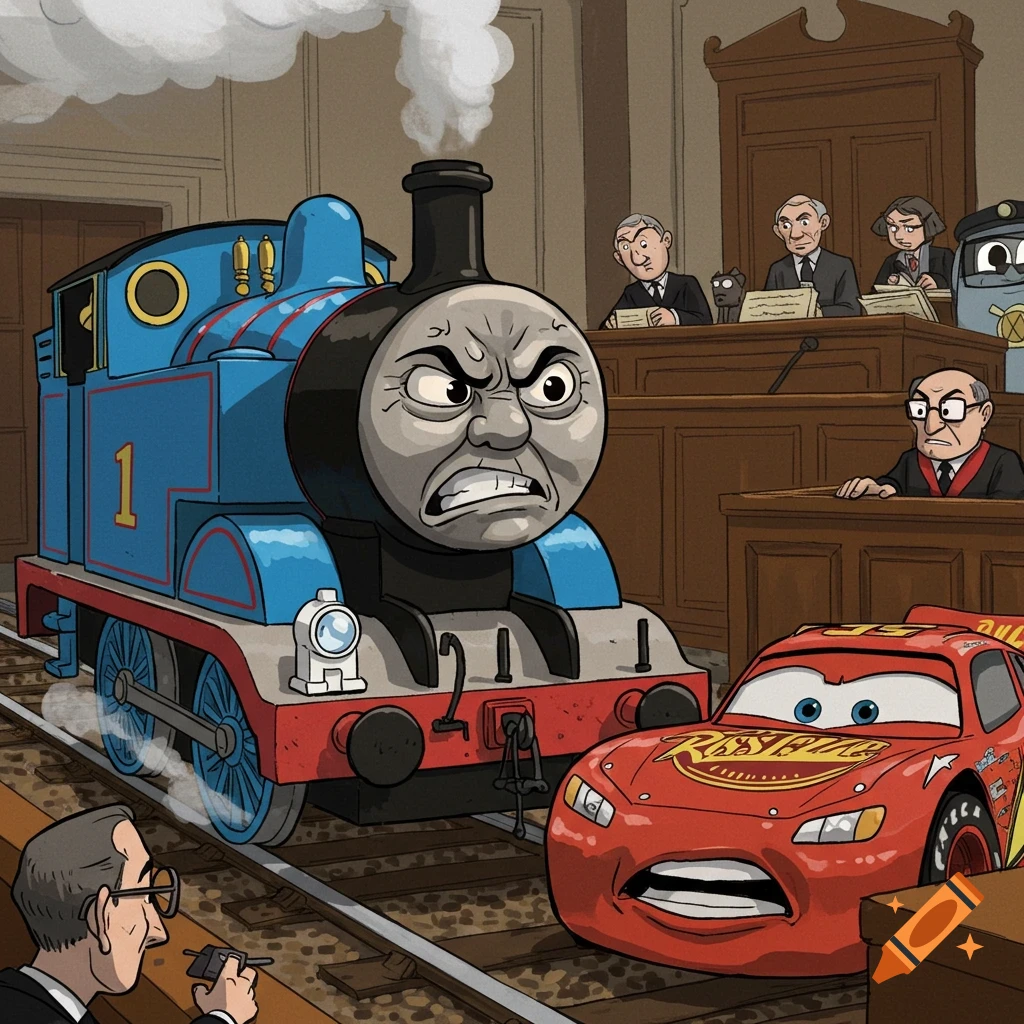 Angry Thomas the tank engine sues Lightning McQueen on Craiyon