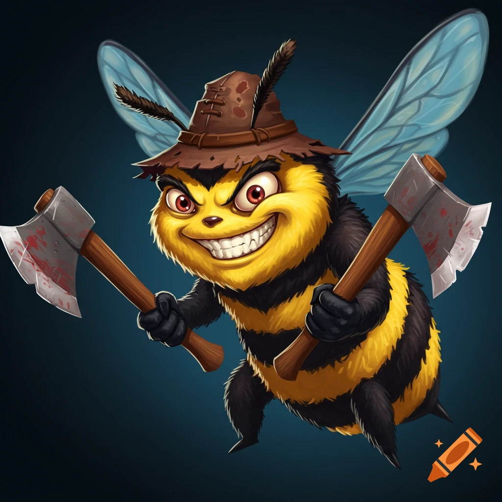An angry bee mascot holding two hatchets. on Craiyon