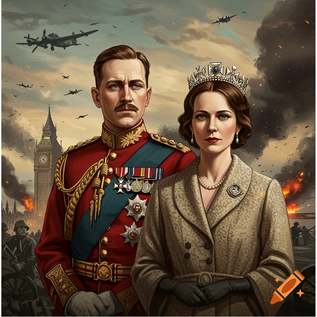 Painting of a regal couple in military attire with wartime London ...