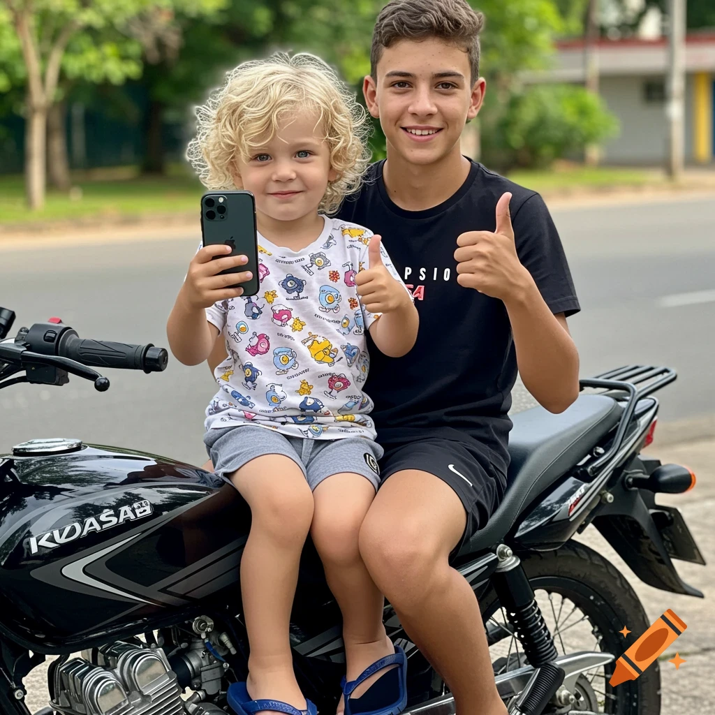 Brazilian toddler on motorcycle with older brother holding iPhone 15 ...