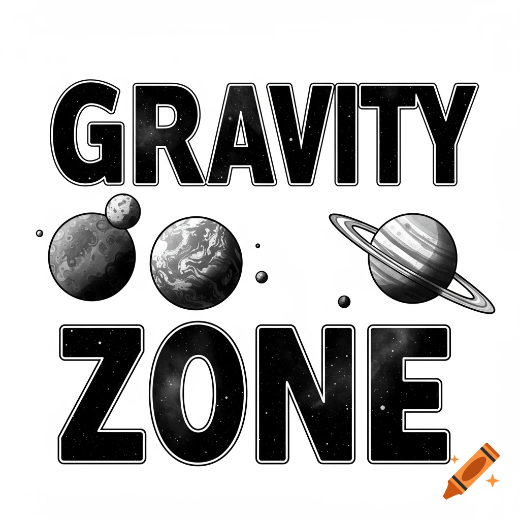 GRAVITY ZONE text with planets, black and white on Craiyon