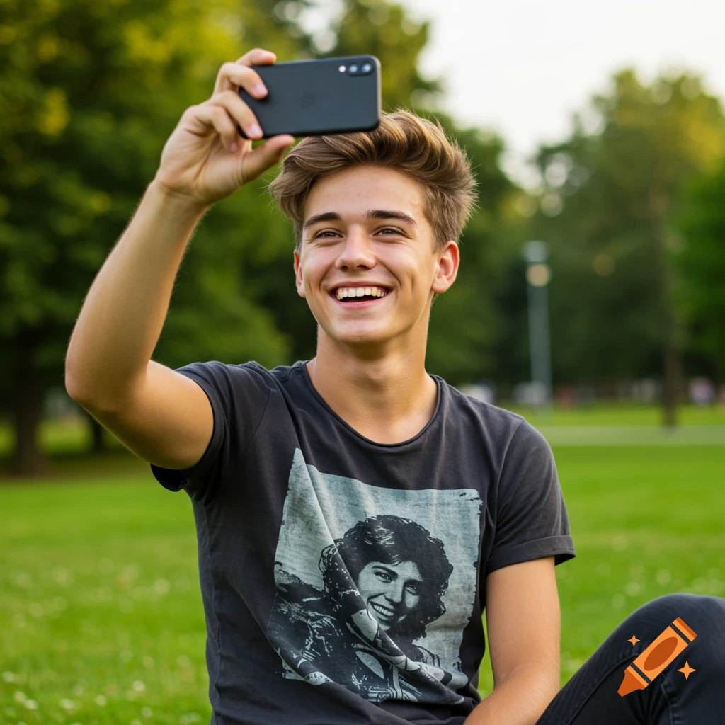 Young man smiles while taking a selfie in a park. on Craiyon