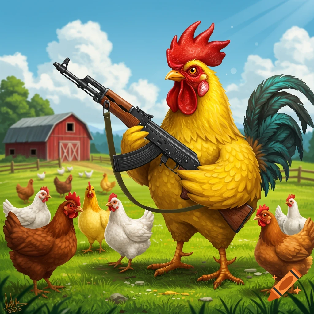 A cartoon cow stands in a field of flowers, holding an AK-47 rifle ...