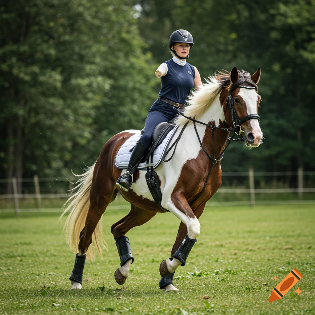 Horse rider with one arm on a paint horse galloping in a field. on Craiyon