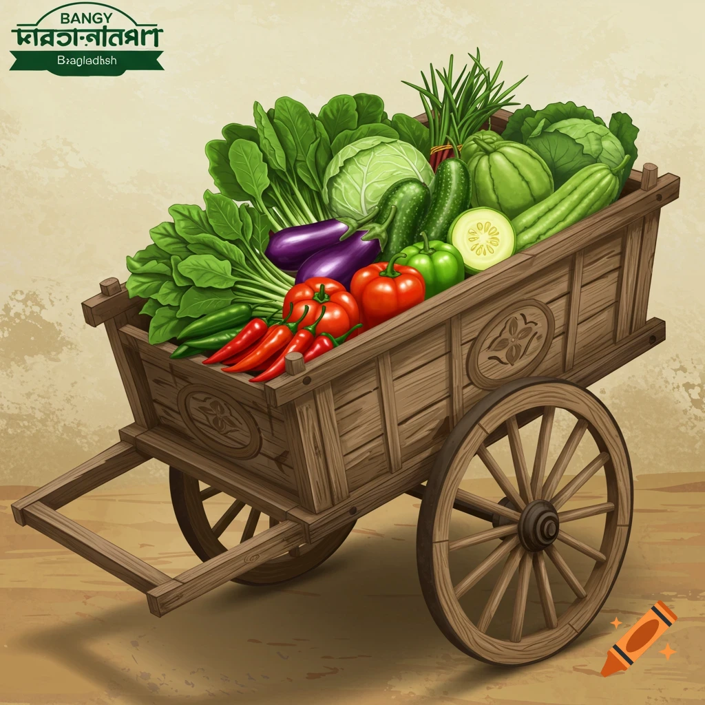 A wooden cart overflowing with fresh vegetables including spinach ...
