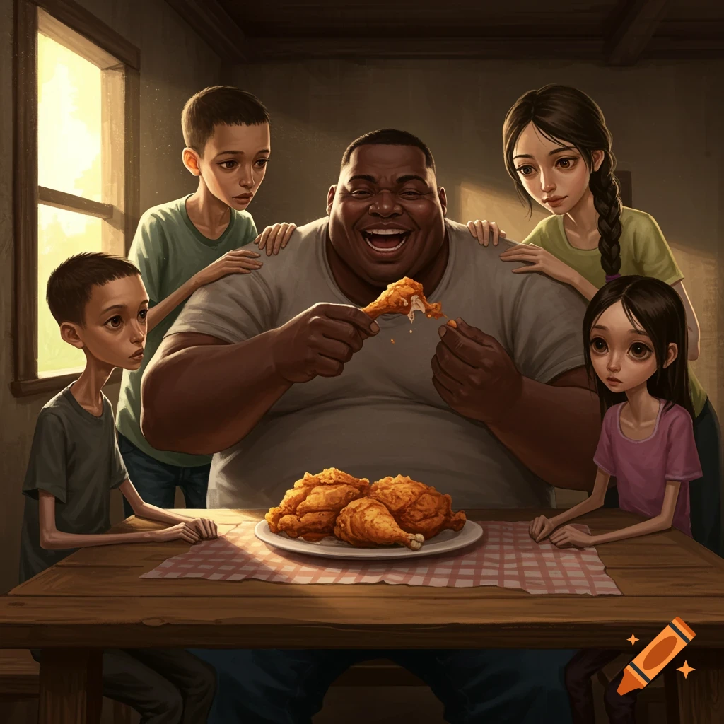 Man eating chicken at a table with two boys, a woman, and a girl on Craiyon