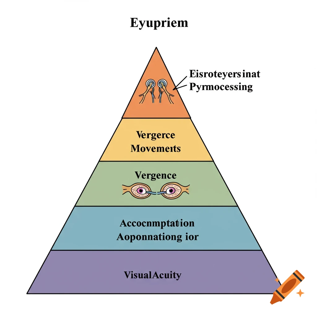 5 tier pyramid graphic showing visual acuity, accommodation, vergence ...