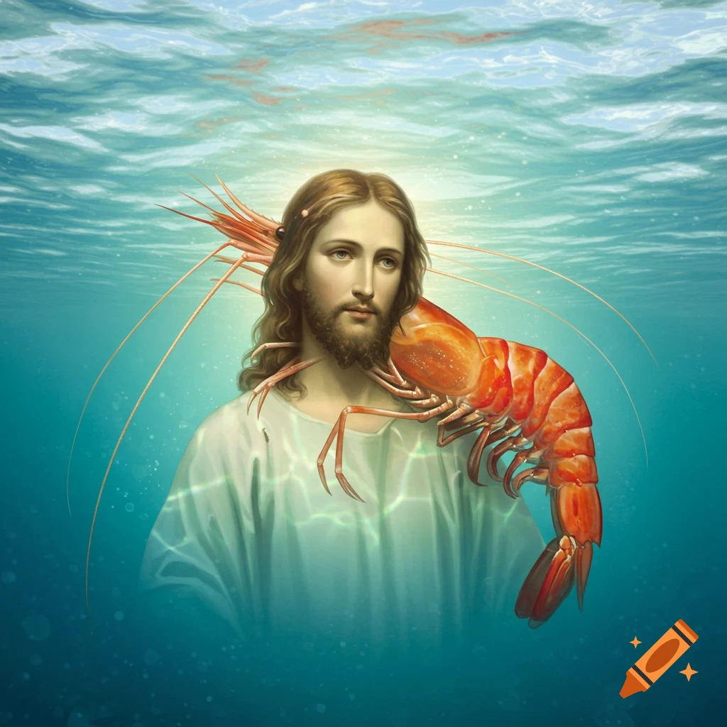 An image of Jesus underwater with a large shrimp on his shoulder. on ...