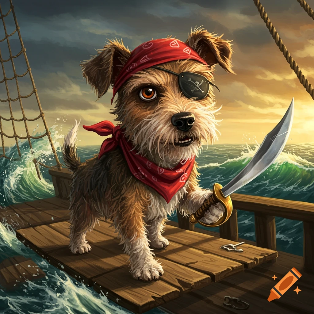 Illustration of a cute dog holding a pirate sword on a ship deck. on ...