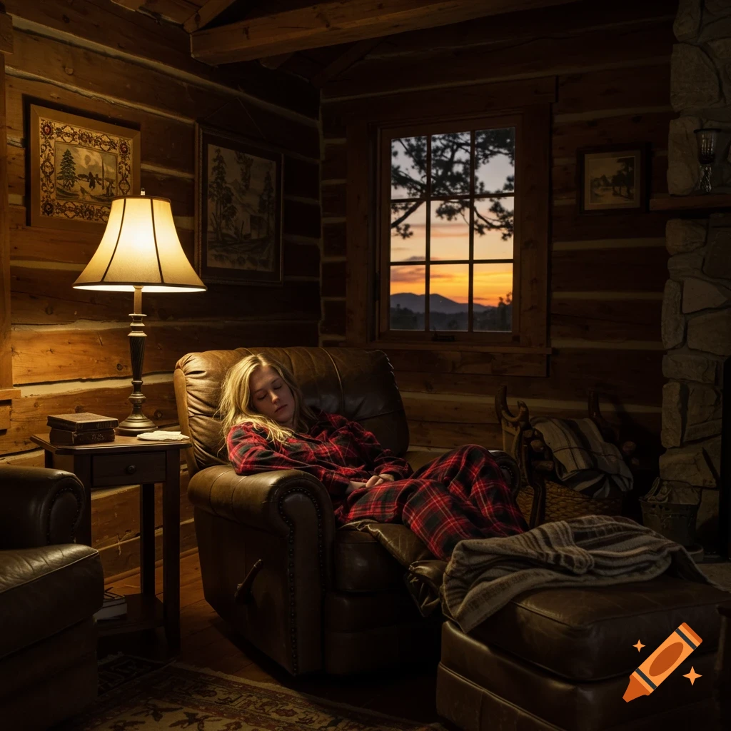 Woman sleeping in recliner in log cabin on Craiyon
