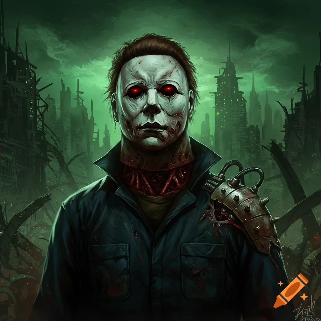 Michael Myers in the year 3033 in the style of Beksinski on Craiyon