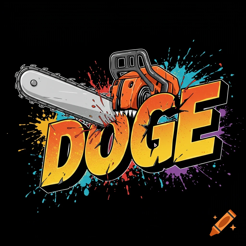 Graphic illustration of a chainsaw cutting through the word DOGE with ...