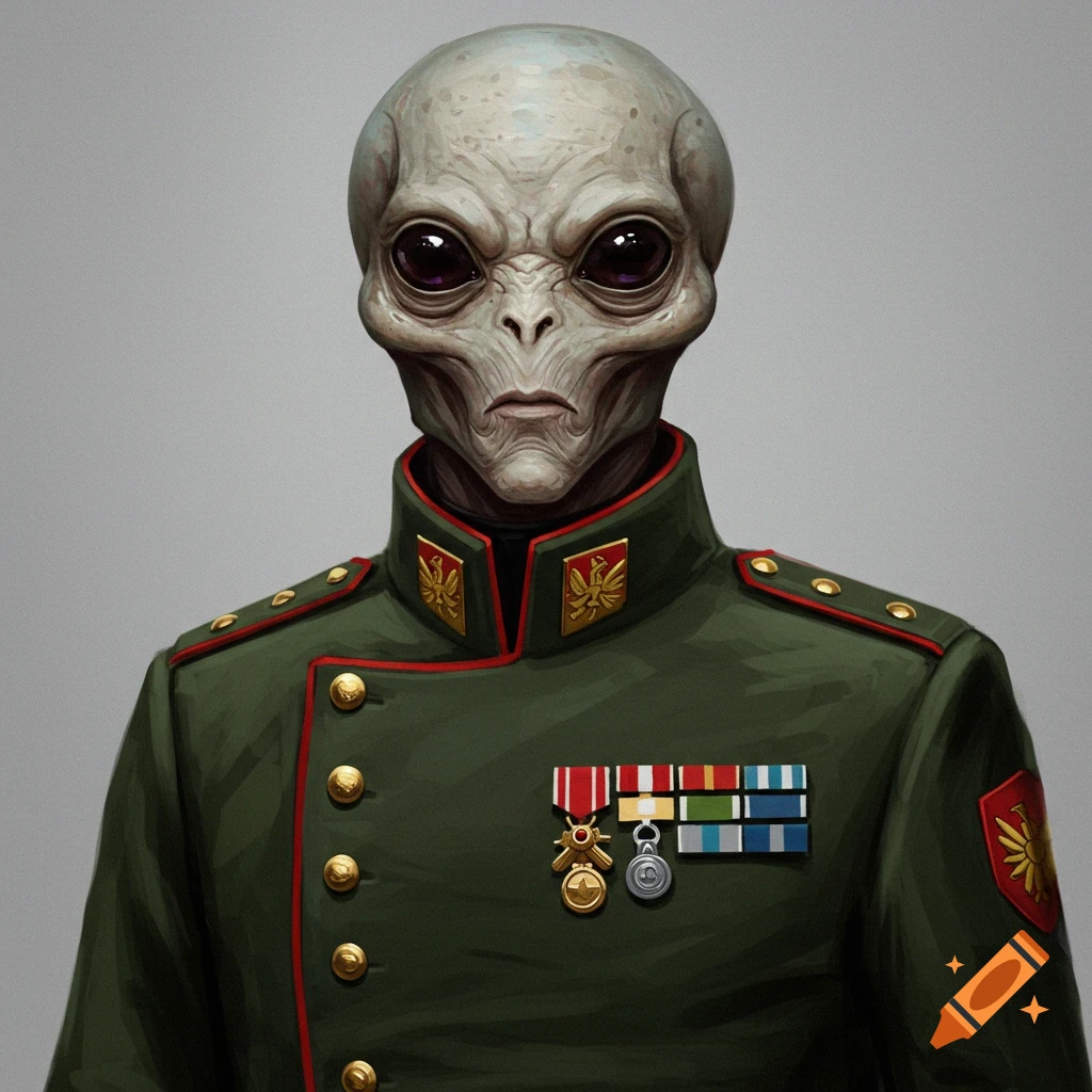 Realistic alien in military uniform on Craiyon