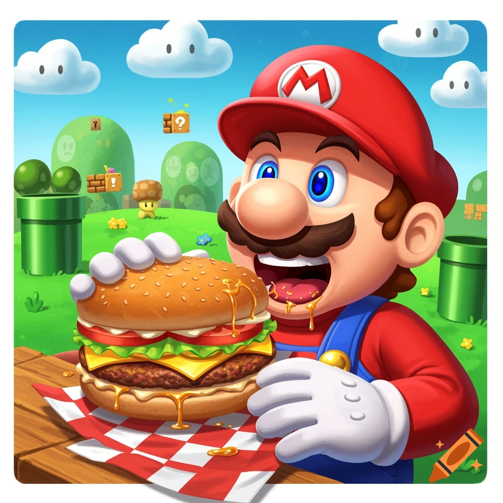 Super Mario enthusiastically eats a large hamburger in a colorful ...