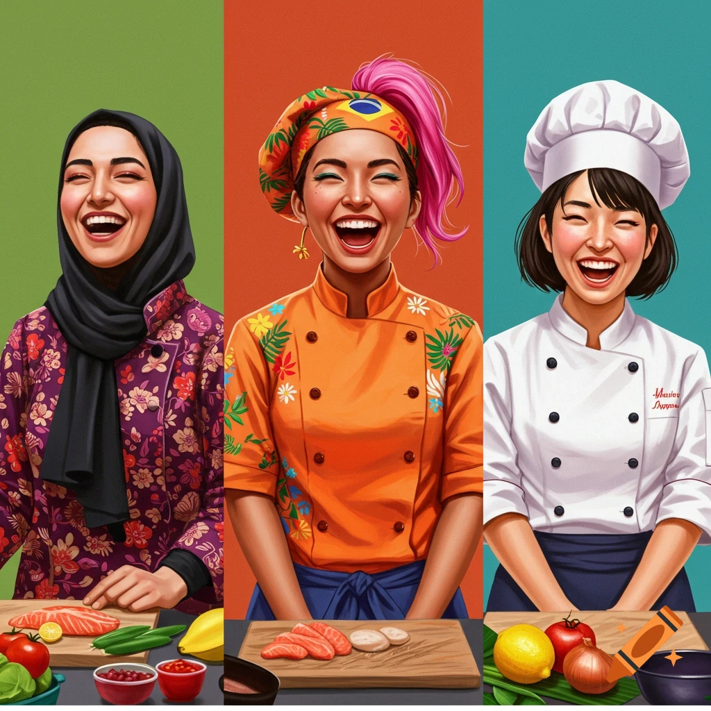 Three laughing female chefs from Iran, Brazil, and Japan on Craiyon